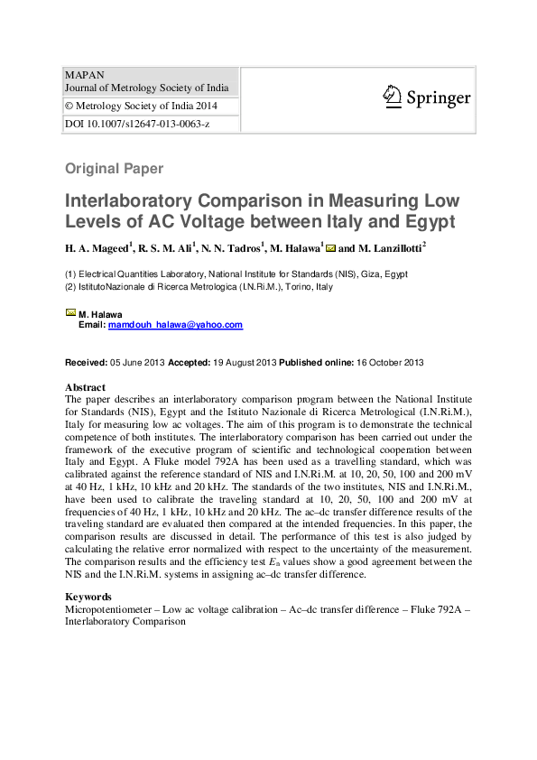 Pdf Interlaboratory Comparison In Measuring Low Levels Of Ac Voltage Between Italy And Egypt