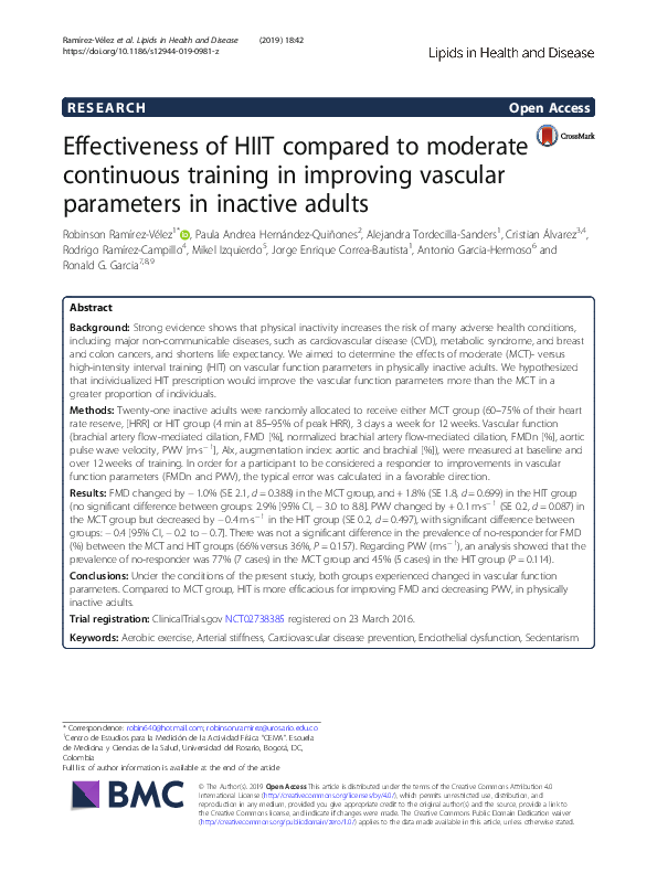 (PDF) Effectiveness of HIIT compared to moderate continuous training in improving vascular ...