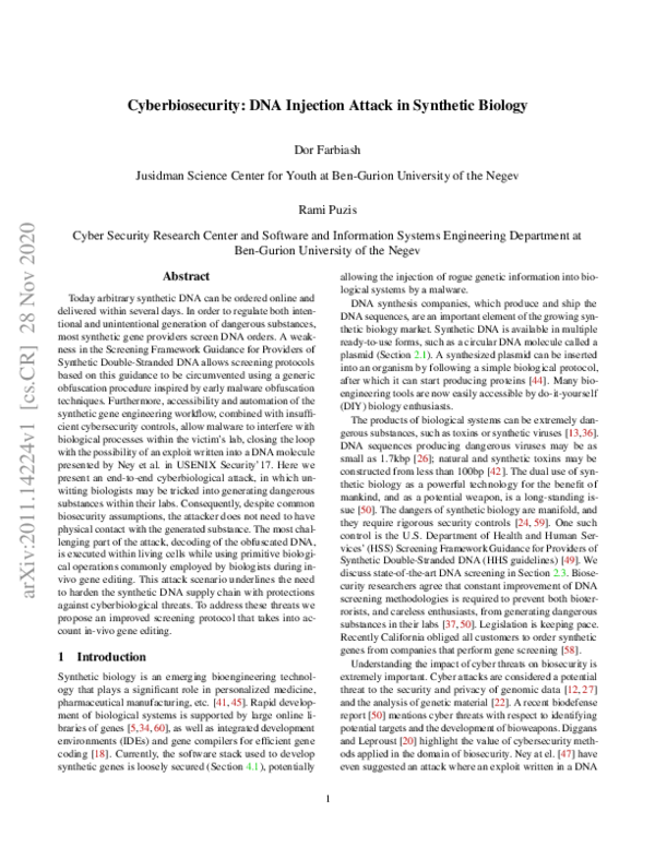 (PDF) Cyberbiosecurity: DNA Injection Attack in Synthetic Biology