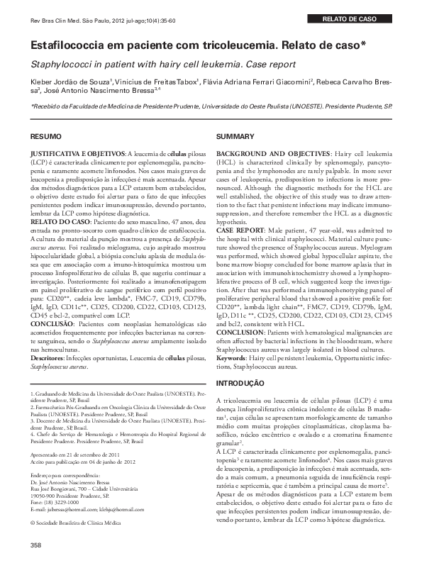 (PDF) Estafilococcia em paciente com tricoleucemia: relato de caso