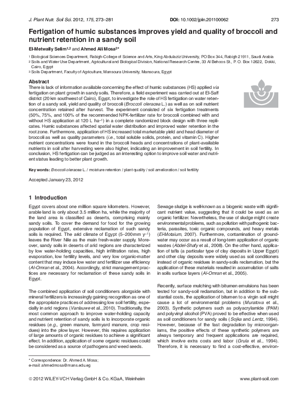 (PDF) Fertigation of humic substances improves yield and quality of ...