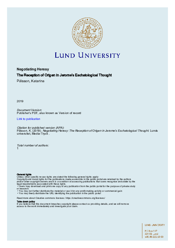 (PDF) Negotiating Heresy : The Reception of Origen in Jerome's ...