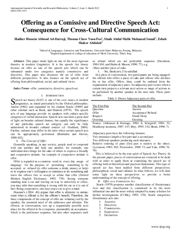 (PDF) Offering as a Comissive and Directive Speech Act: Consequence for Cross-Cultural Communication