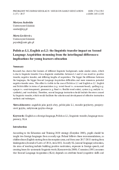 (PDF) Polish as L1, English as L2: the linguistic transfer impact on Second Language Acquisition ...