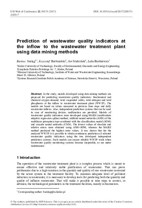 (PDF) Prediction of wastewater quality indicators at the inflow to the wastewater treatment ...