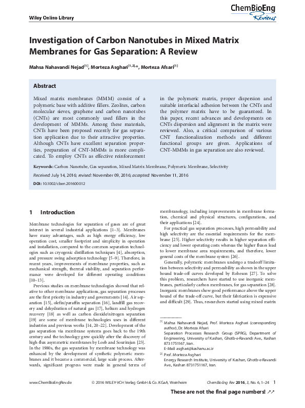 (PDF) Investigation of Carbon Nanotubes in Mixed Matrix Membranes for Gas Separation: A Review ...