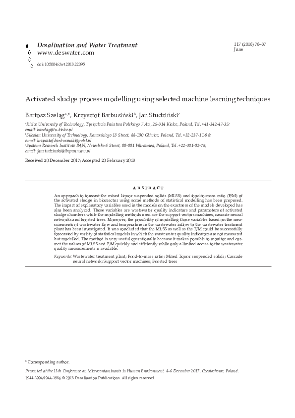 (PDF) Activated sludge process modelling using selected machine learning techniques | Krzysztof ...