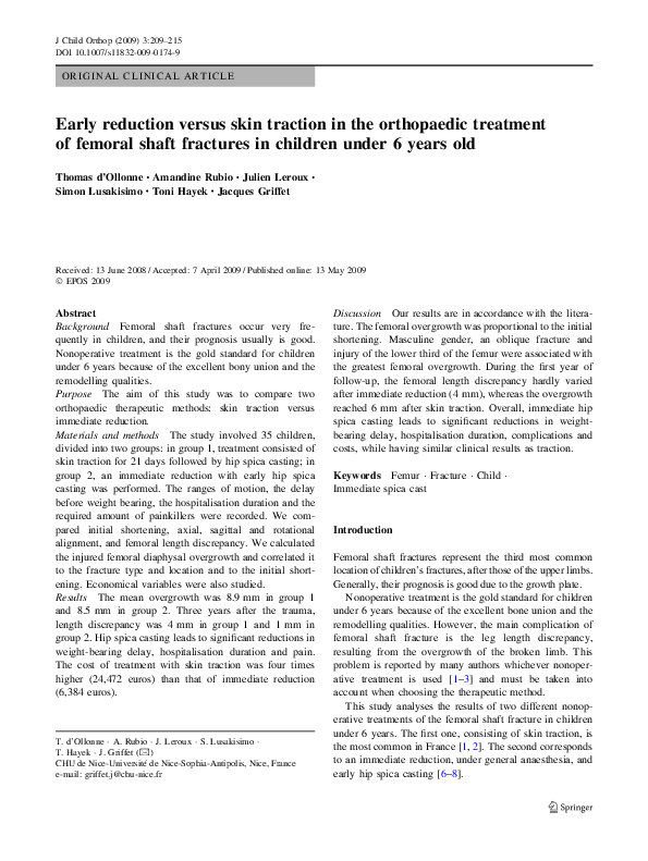 (PDF) Early reduction versus skin traction in the orthopaedic treatment ...