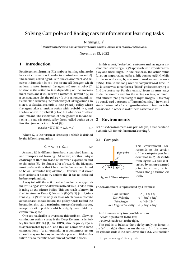 (PDF) Solving Cart pole and Racing car reinforcement learning tasks