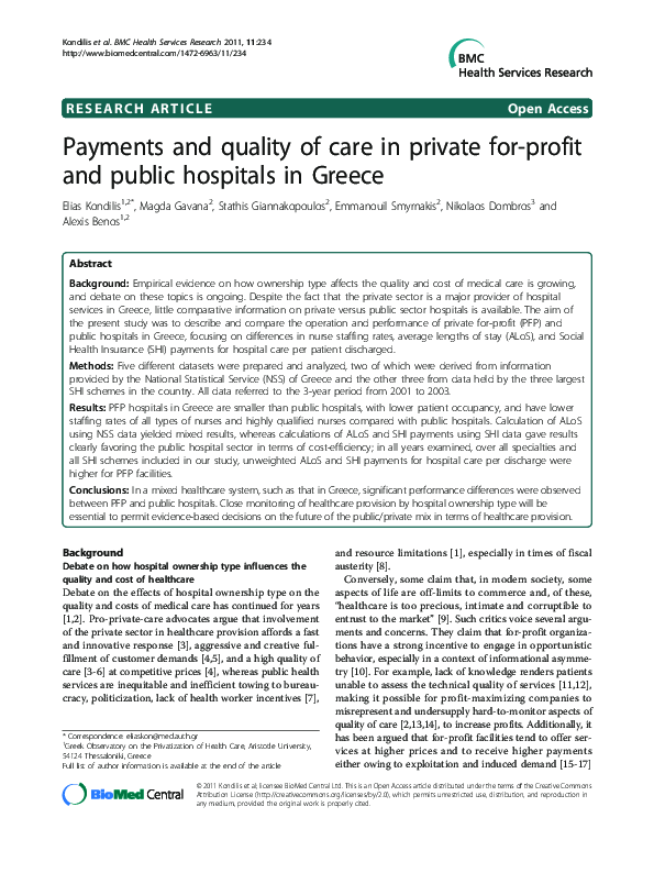(PDF) Payments and quality of care in private for-profit and public ...
