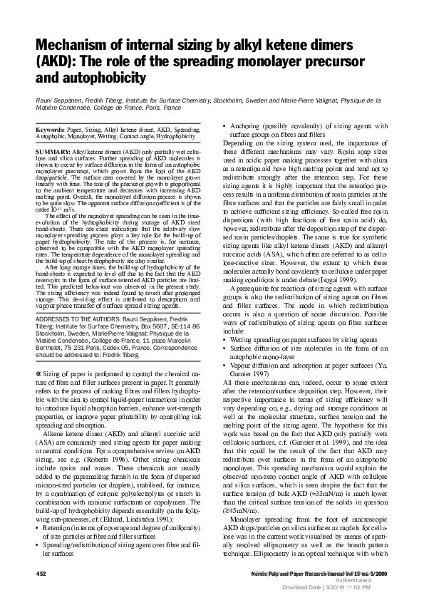 (PDF) Mechanism of internal sizing by alkyl ketene dimers (AKD): The ...