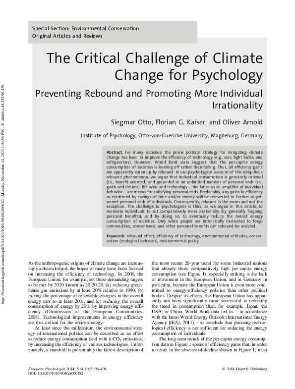 (PDF) The Critical Challenge of Climate Change for Psychology