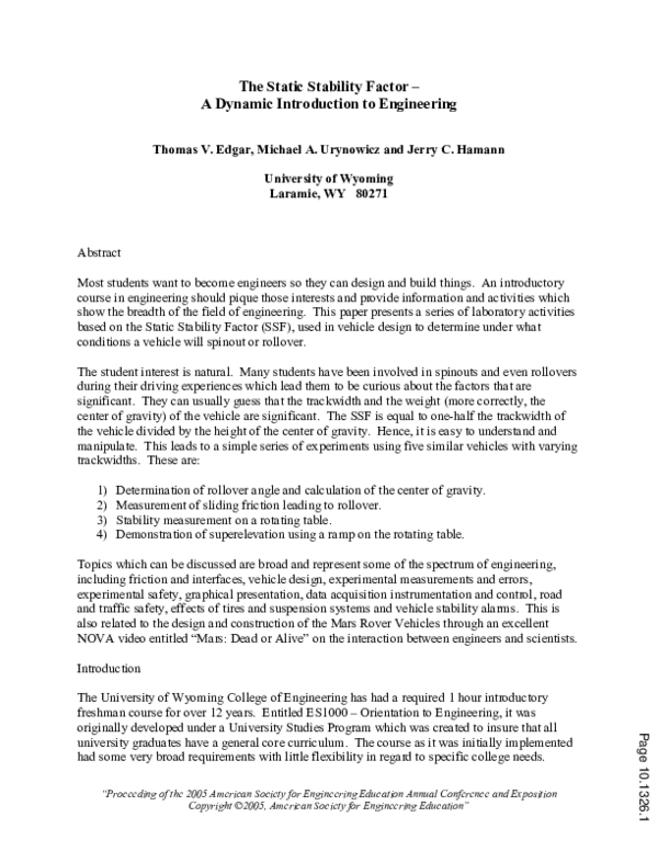 (PDF) The Static Stability Factor – A Dynamic Introduction To Engineering