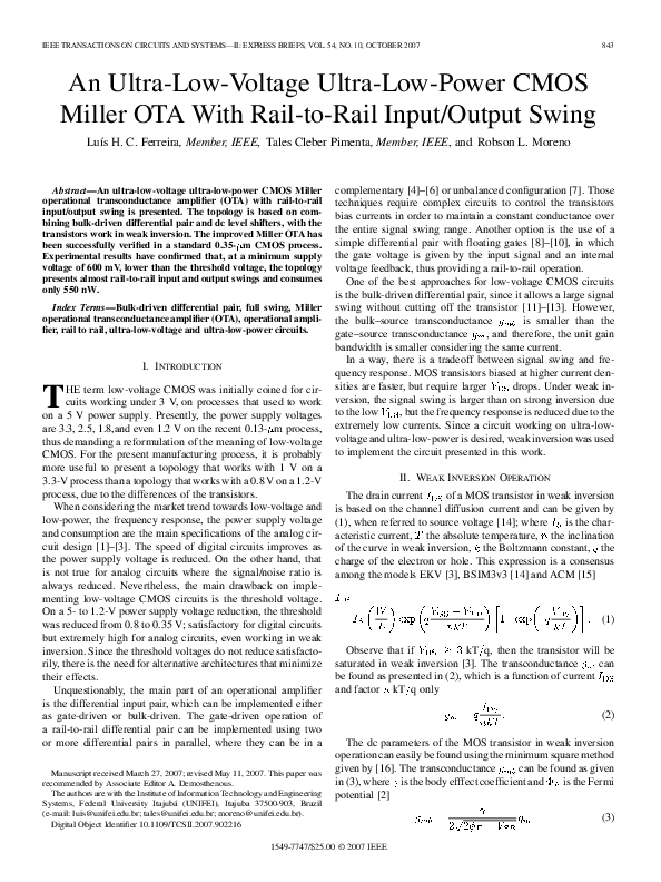 Pdf An Ultra Low Voltage Ultra Low Power Cmos Miller Ota With Rail To Rail Input Output Swing