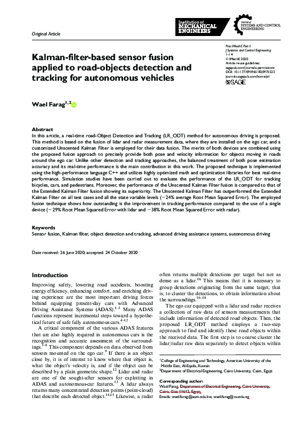 Pdf Kalman Filter Based Sensor Fusion Applied To Road Objects Detection And Tracking For