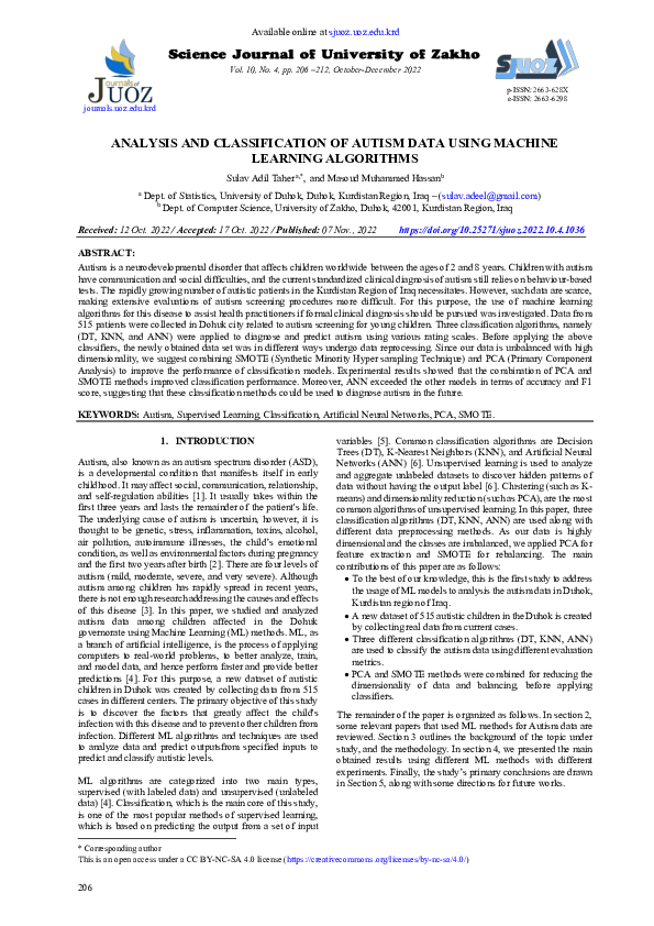 (PDF) Analysis and Classification of Autism Data Using Machine Learning Algorithms