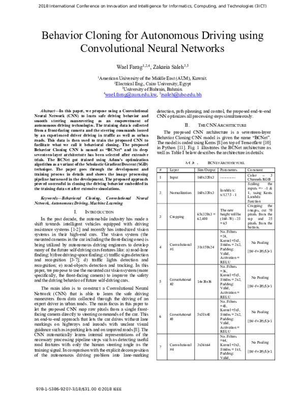 (PDF) Behavior Cloning for Autonomous Driving using Convolutional Neural Networks