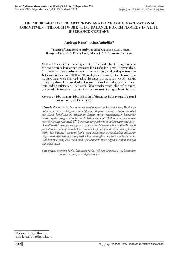 (PDF) The Importance of Job Autonomy as a Driver of Organizational ...