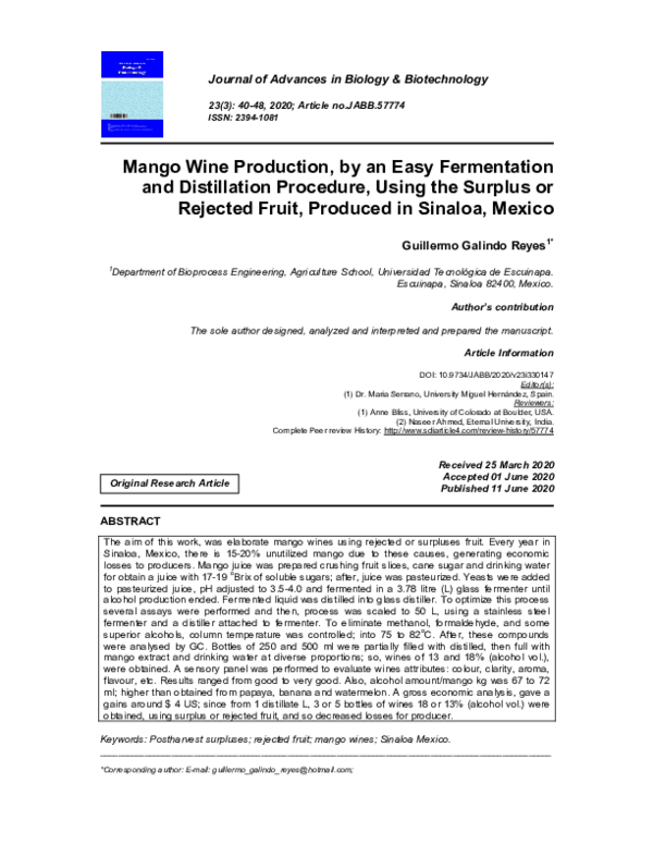 (PDF) Mango Wine Production, by an Easy Fermentation and Distillation ...
