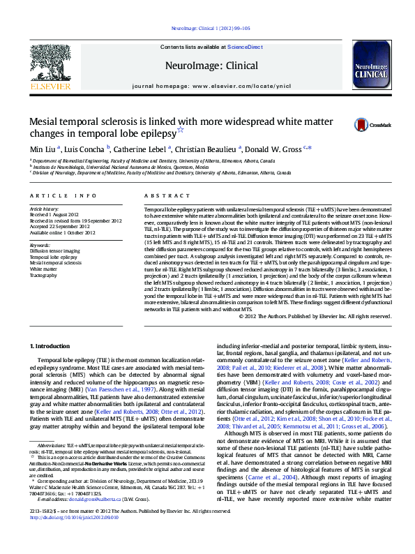 (PDF) Mesial temporal sclerosis is linked with more widespread white matter changes in temporal ...
