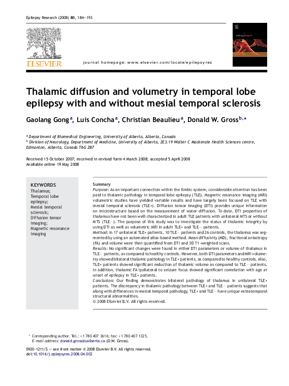 (PDF) Thalamic diffusion and volumetry in temporal lobe epilepsy with ...