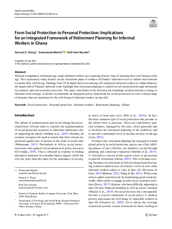 (PDF) From Social Protection to Personal Protection: Implications for an Integrated Framework of ...