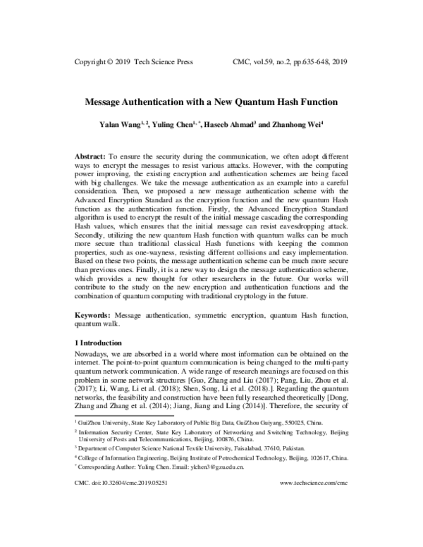 (PDF) Message Authentication With A New Quantum Hash Function