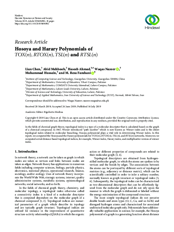 (PDF) Hosoya and Harary Polynomials ofTOX(n),RTOX(n),TSL(n)andRTSL(n)