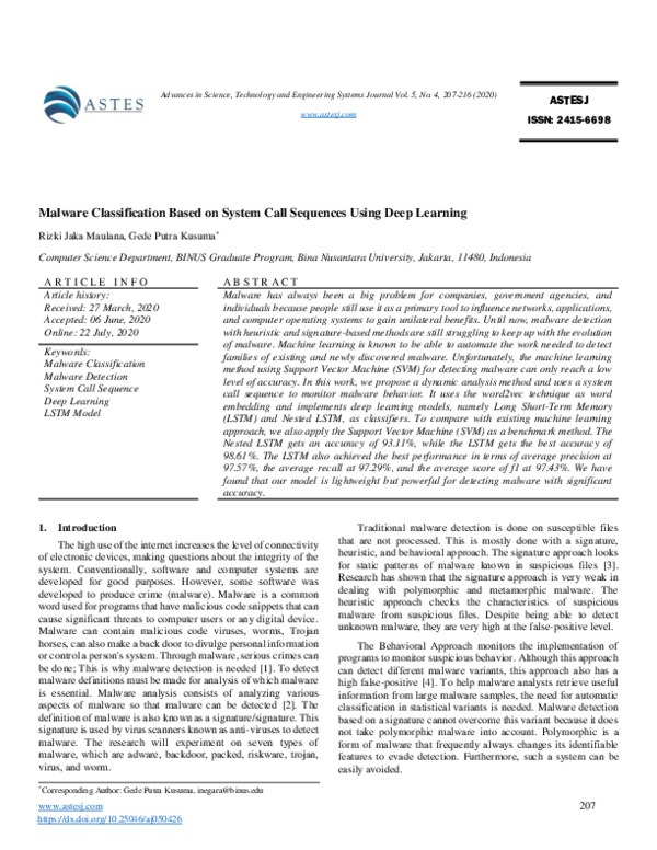 (PDF) Malware Classification Based on System Call Sequences Using Deep Learning