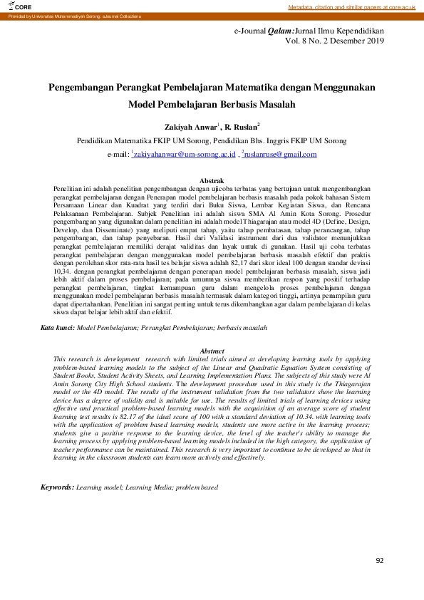 (PDF) Pengembangan Perangkat Pembelajaran Matematika Berbasis Model Missouri Mathematics Project ...
