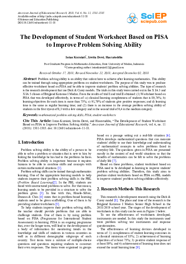 (PDF) The Development of Student Worksheet Based on PISA to Improve Problem Solving Ability