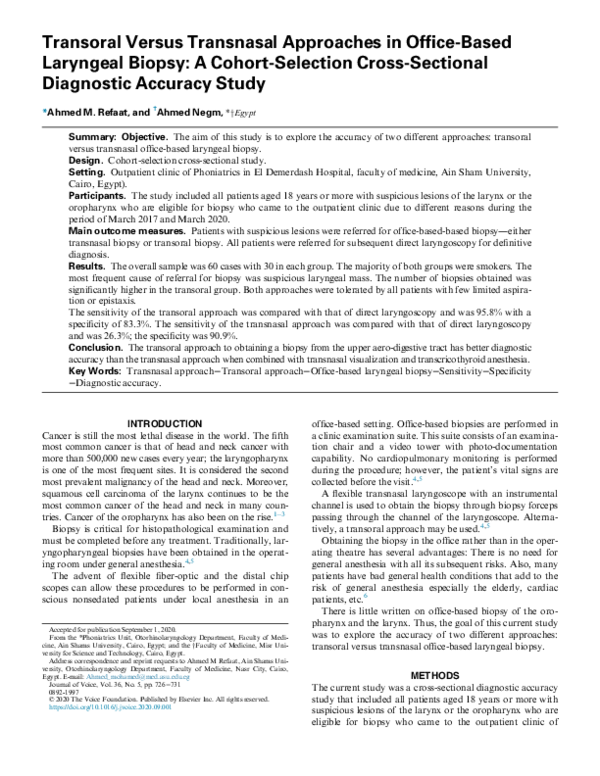 (PDF) Transoral Versus Transnasal Approaches in Office-Based Laryngeal ...