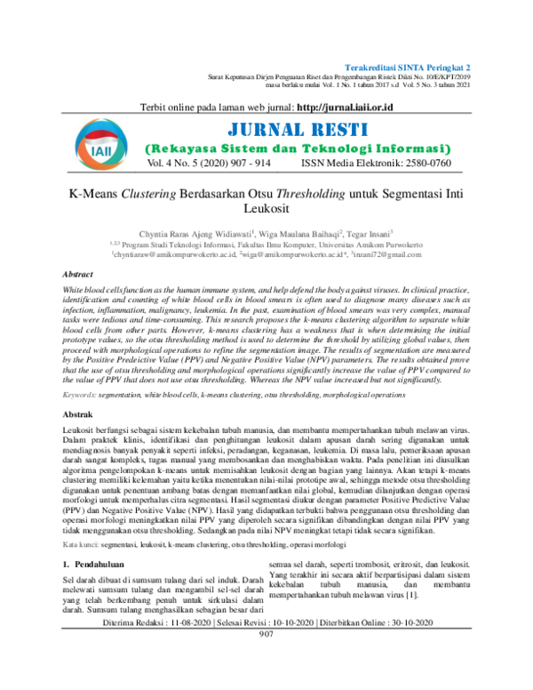 (PDF) K-Means Clustering Based on Otsu Thresholding For Nucleus of White Blood Cells Segmentation