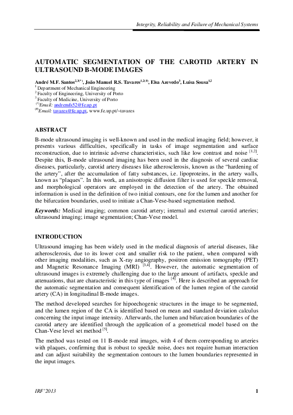 Pdf Automatic Segmentation Of The Carotid Artery In Ultrasound B Mode Images