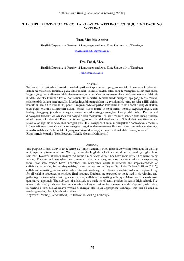 (PDF) The Implementation of Collaborative Writing Technique in Teaching Writing