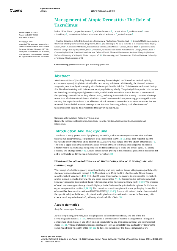 (PDF) Management of Atopic Dermatitis: The Role of Tacrolimus
