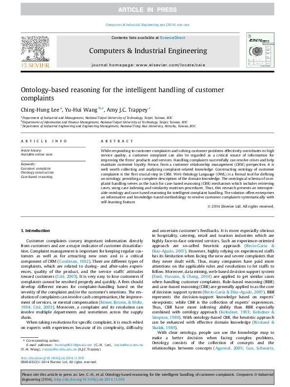 (PDF) Ontology-based reasoning for the intelligent handling of customer complaints