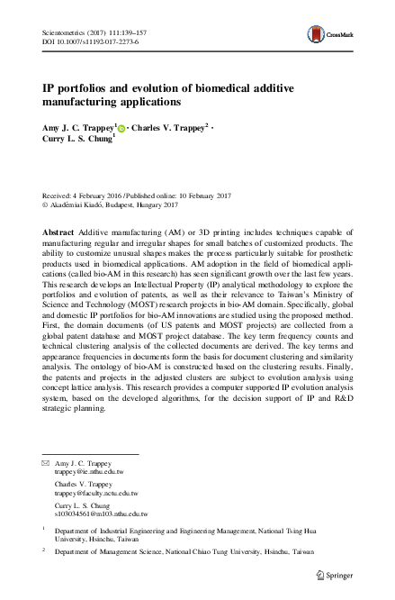 (PDF) IP portfolios and evolution of biomedical additive manufacturing applications