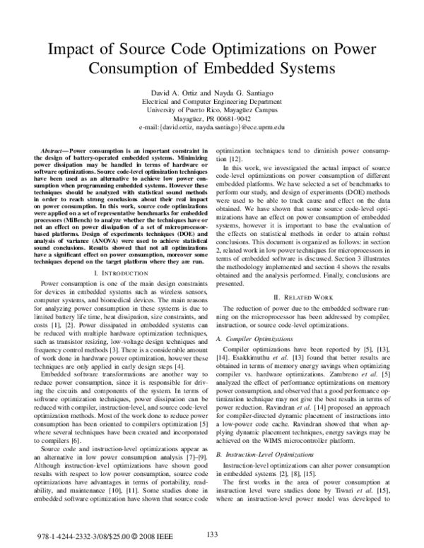 (PDF) Impact of source code optimizations on power consumption of embedded systems
