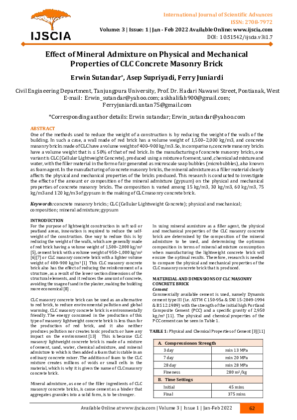 (PDF) Effect of Mineral Admixture on Physical and Mechanical Properties of CLC Concrete Masonry ...