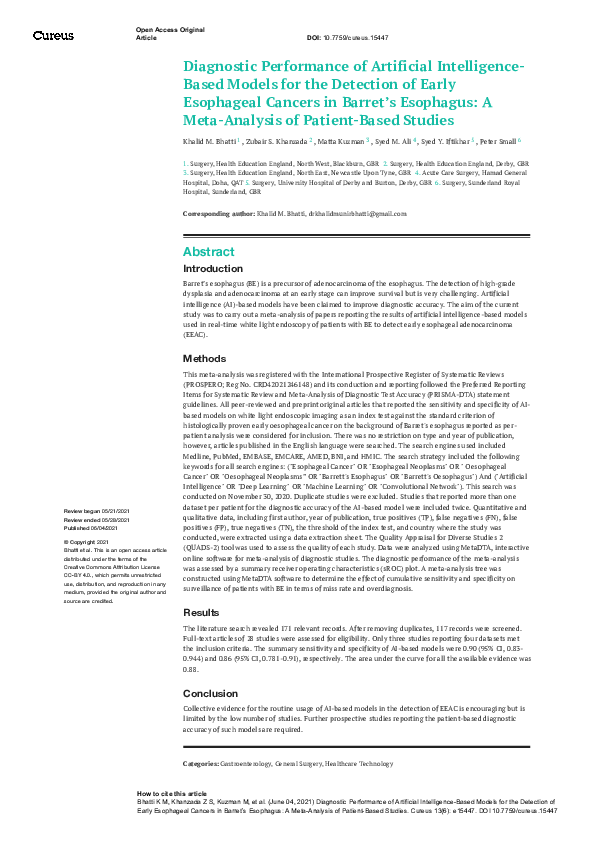 (PDF) Diagnostic Performance of Artificial Intelligence-Based Models for the Detection of Early ...