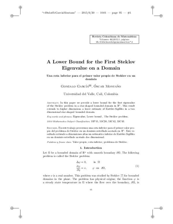 (PDF) A Lower Bound for the First Steklov Eigenvalue on a Domain