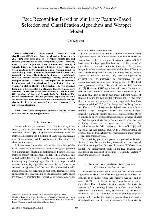 (PDF) Face Recognition Based on similarity Feature-Based Selection and Classification Algorithms ...