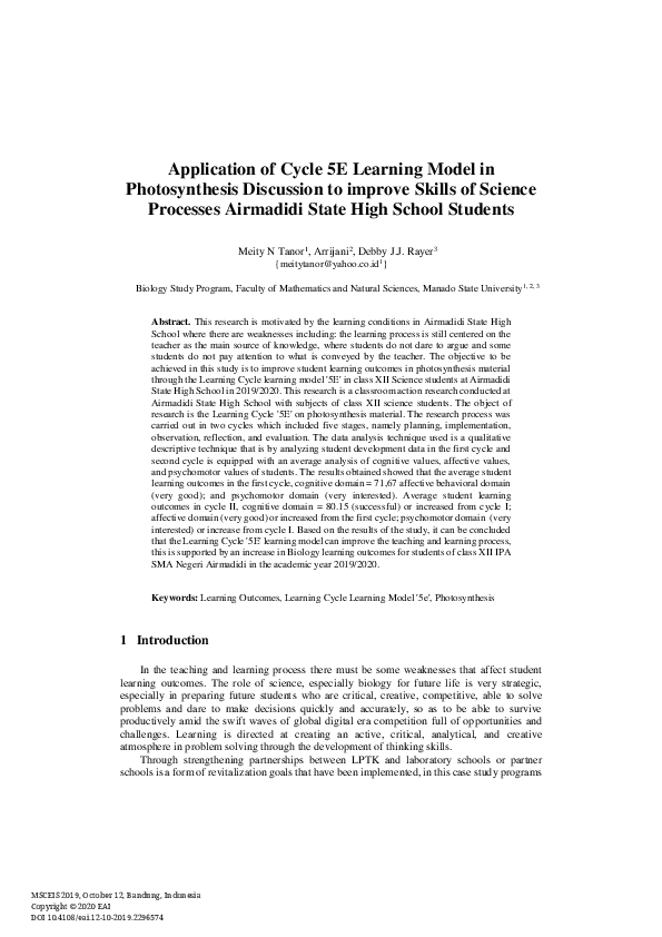 (PDF) Application of Cycle 5E Learning Model in Photosynthesis Discussion to improve Skills of ...