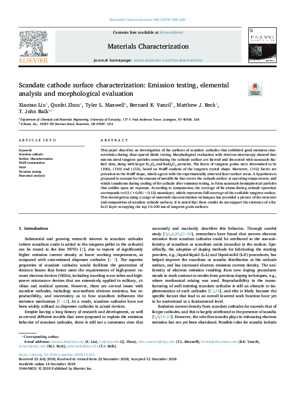(PDF) Scandate cathode surface characterization: Emission testing ...