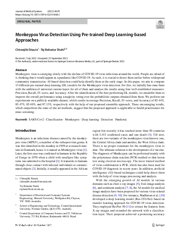 (PDF) Monkeypox Virus Detection Using Pre-trained Deep Learning-based Approaches
