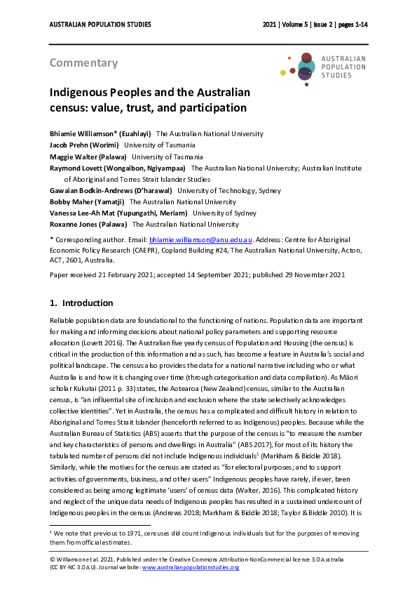 (PDF) Indigenous Peoples and the Australian census: value, trust, and ...