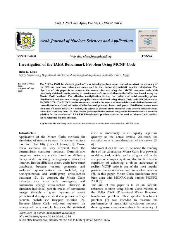 (PDF) Investigation of the IAEA benchmark problem using MCNP code