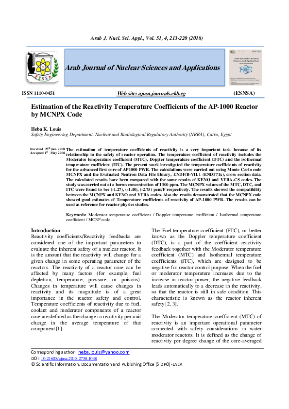 (PDF) Estimation of the Reactivity Temperature Coefficients of the AP-1000 Reactor by MCNPX Code