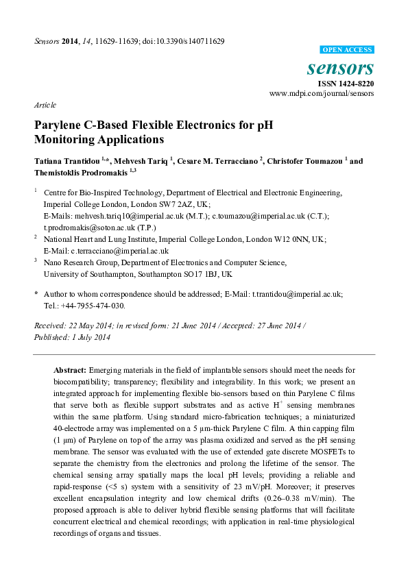(PDF) Parylene C-Based Flexible Electronics for pH Monitoring Applications